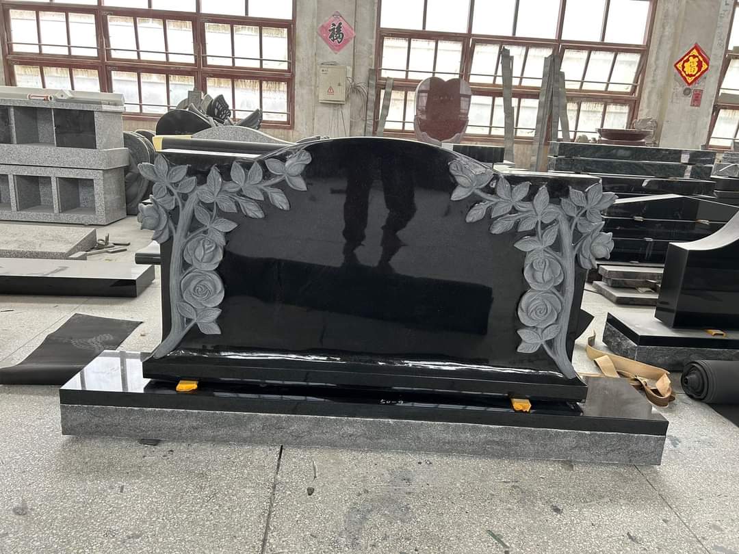 Jet Black Floral Companion Upright Headstone Monument – Granite ...